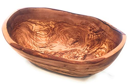 Orchard Hardwoods 10" Rustic Oval Artisan Olive Wood Dough Bowl Bread Basket Boat Shaped - Live bark edge. Natural Server for Fruit, Salads, Chips, Popcorn. In Lg 10" or XL 12". (Large 10x5-6x4)