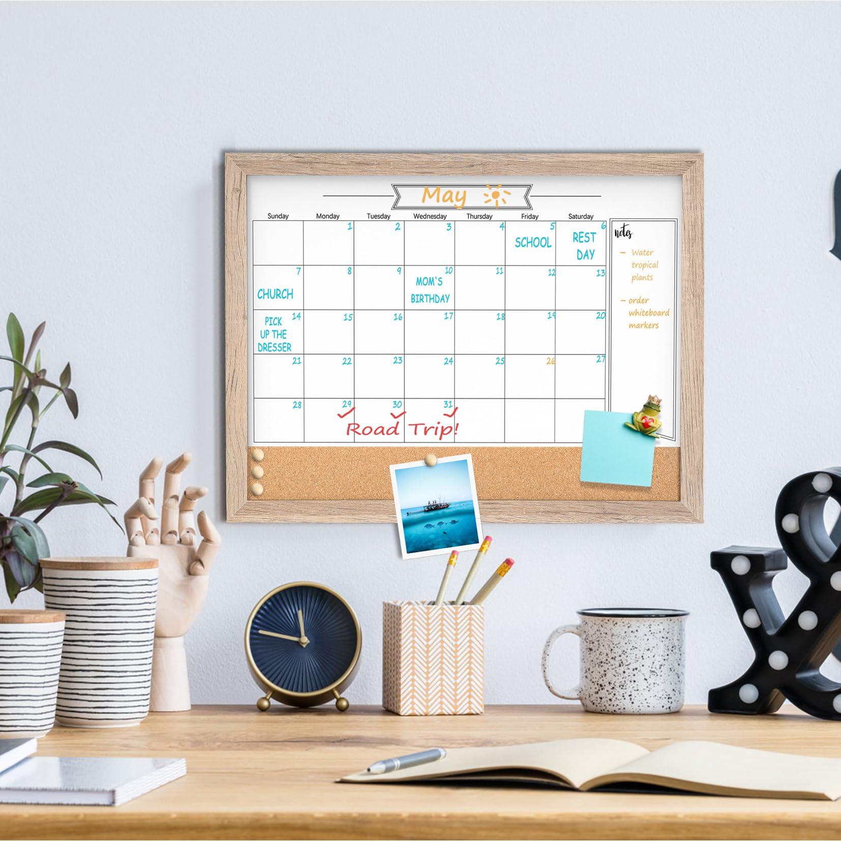 TORASO Whiteboard Calendar & Corkboard,Small Combination Dry Erase White Board & Bulletin Board, 13" x 17",Rustic Brown Frame Calendar/Cork Combo Board(ZHYL-RB-3343)