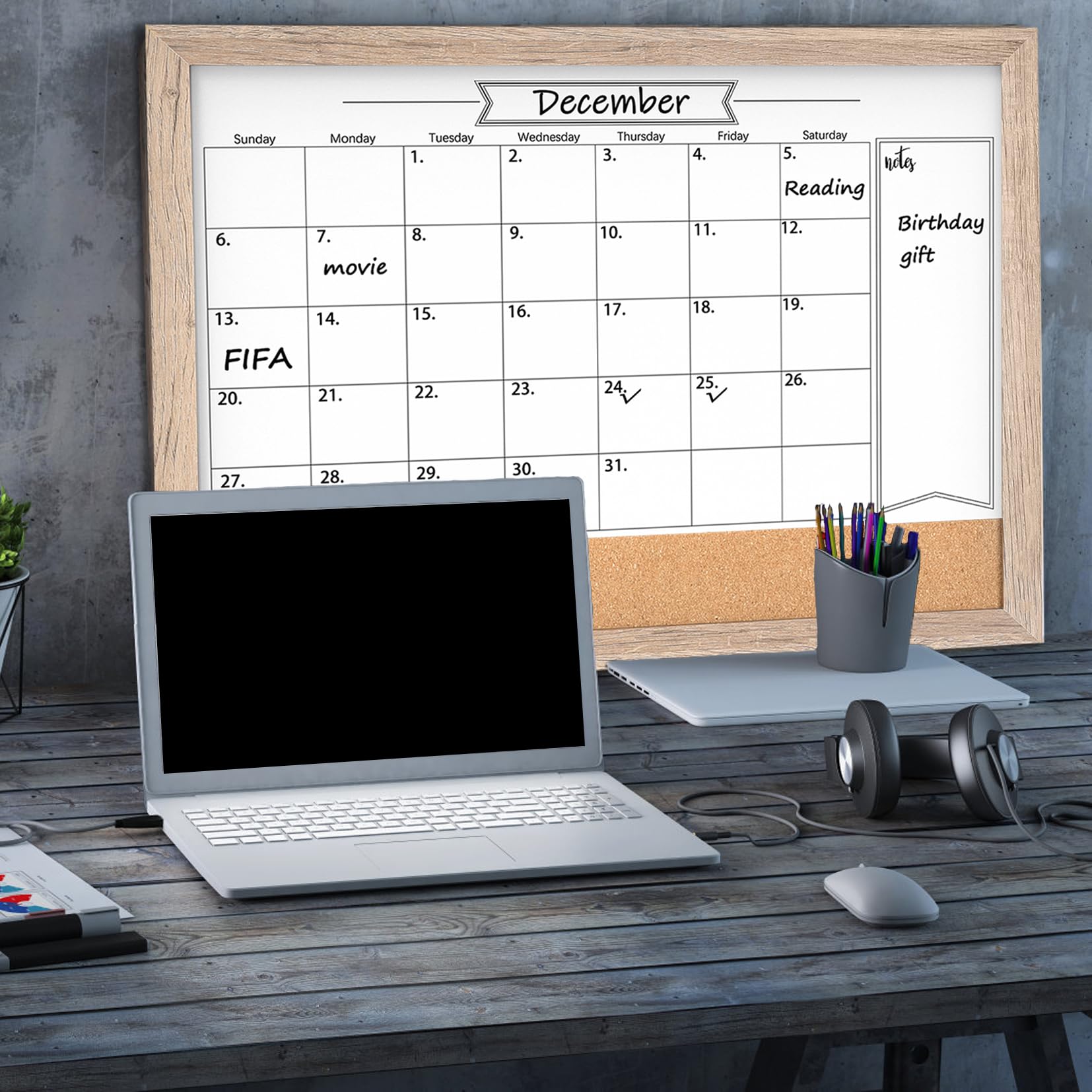 TORASO Whiteboard Calendar & Corkboard,Small Combination Dry Erase White Board & Bulletin Board, 13" x 17",Rustic Brown Frame Calendar/Cork Combo Board(ZHYL-RB-3343)