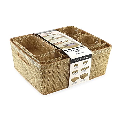 Isaac Jacobs 10-Piece Glitter Plastic Organizer (13.75β x 11.2β x 5.1β) Set w/Cut-Out Handles, Multi-Functional Home Storage, Desk, Office, Bathroom, Bedroom, Closet, Playroom (10-Piece, Gold)