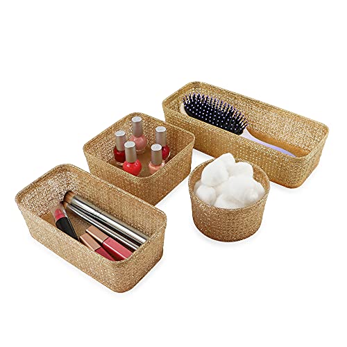 Isaac Jacobs 10-Piece Glitter Plastic Organizer (13.75β x 11.2β x 5.1β) Set w/Cut-Out Handles, Multi-Functional Home Storage, Desk, Office, Bathroom, Bedroom, Closet, Playroom (10-Piece, Gold)