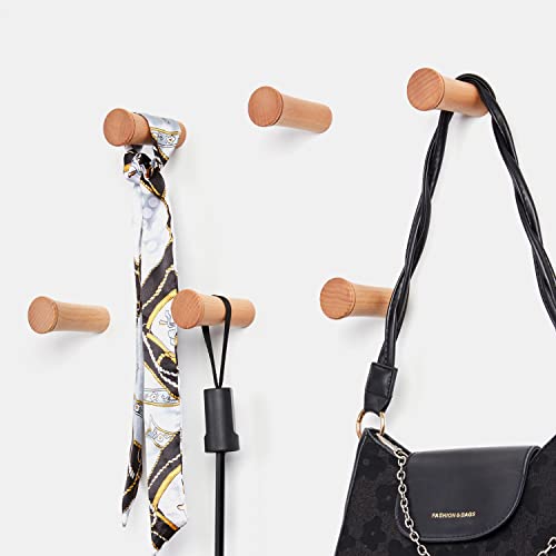 HomeDo Wall Hooks Rack, Wooden Coat Hooks Wall Mounted, Entryway Hat Rack, Decorative Hooks Single Organizer Wall Hanger Hat Hook Towel Rack, Heavy Duty Hooks (Beech-2inch-5Pack)