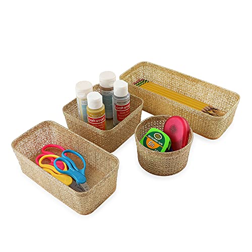 Isaac Jacobs 10-Piece Glitter Plastic Organizer (13.75β x 11.2β x 5.1β) Set w/Cut-Out Handles, Multi-Functional Home Storage, Desk, Office, Bathroom, Bedroom, Closet, Playroom (10-Piece, Gold)
