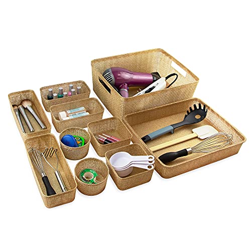 Isaac Jacobs 10-Piece Glitter Plastic Organizer (13.75β x 11.2β x 5.1β) Set w/Cut-Out Handles, Multi-Functional Home Storage, Desk, Office, Bathroom, Bedroom, Closet, Playroom (10-Piece, Gold)