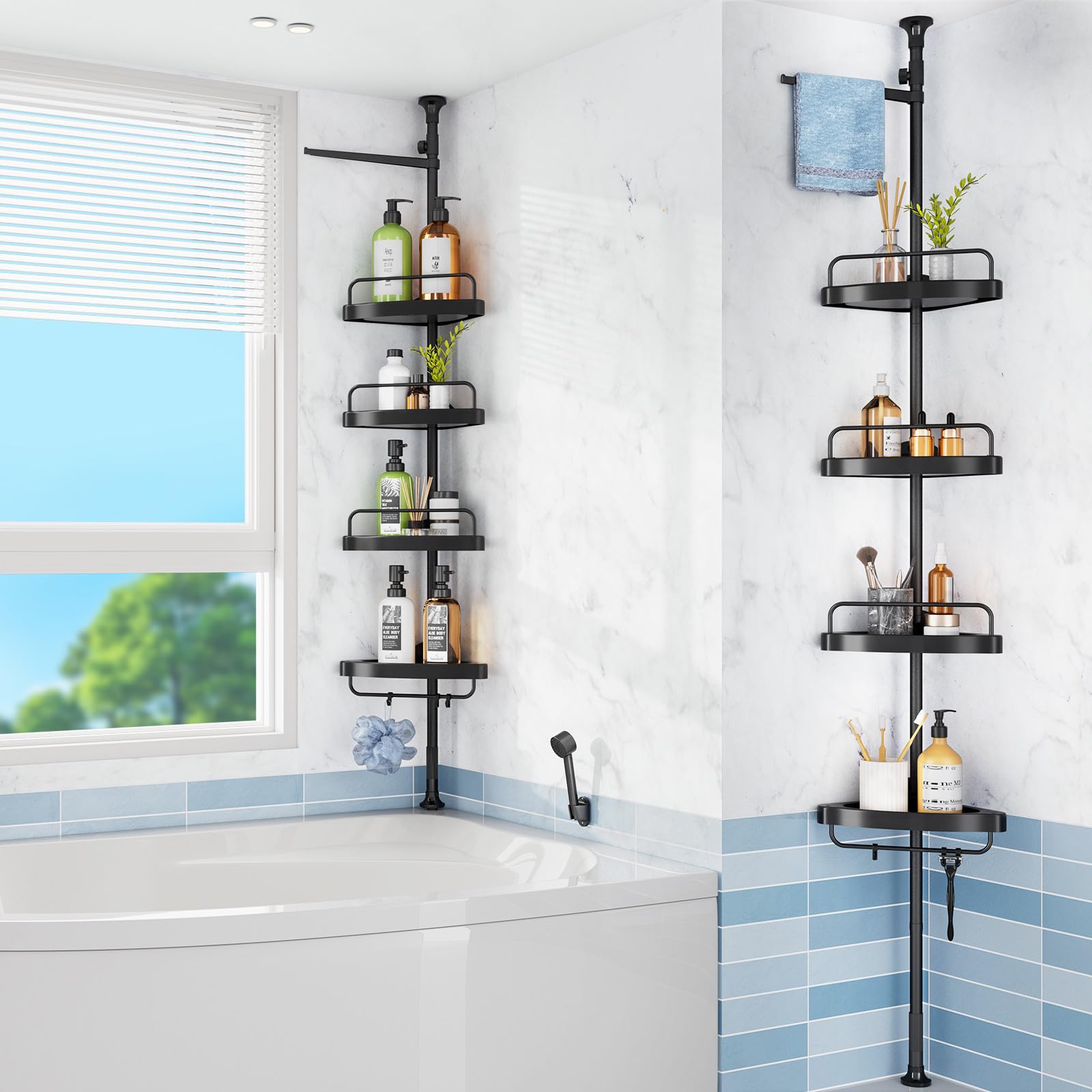 Roleader Corner Shower Tension Pole: Rust Proof 4Tier Shampoo Storage Organizer for Inside Shower-Telescoping Rod Rack Bathroom and Bathtub-Restroom Floor Standing Bath Holder Black
