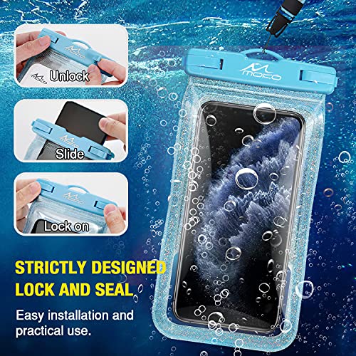 MoKo Waterproof Phone Pouch Holder Floating 2-Pack, IPX8 Glitter Waterproof Case Dry Bag Compatible for iPhone14 13 12 11 Pro Max X/Xr/Xs/8/7/6/SE 3, Galaxy S20/S21, Light Blue & Pink