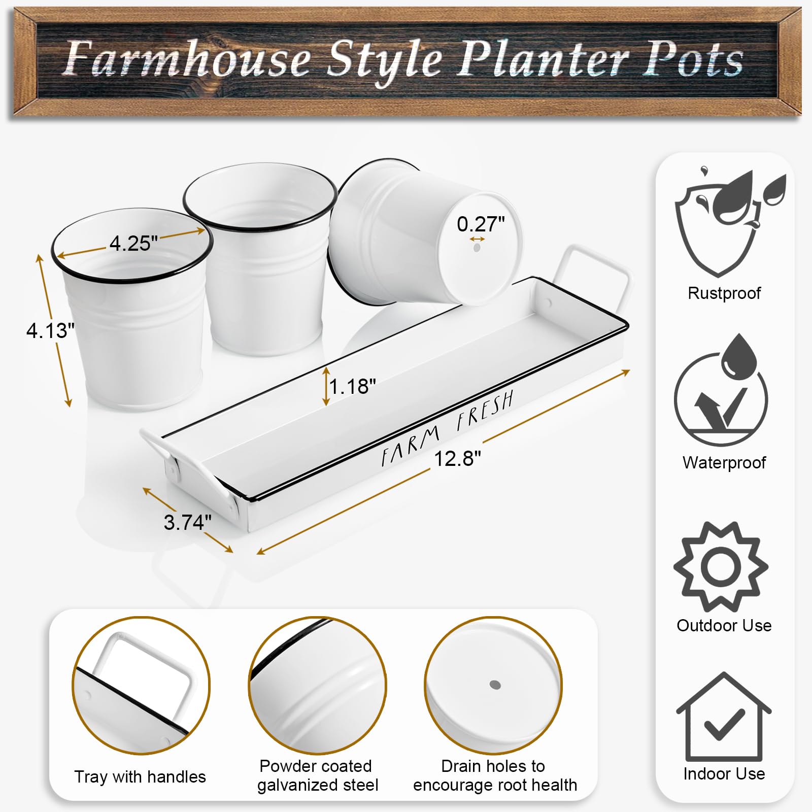 DAYYET Farmhouse Herb Garden Planter Indoor Window Planter Set with Tray, White Windowsill Herb Planter Pots with Drainage for Outdoor or Indoor Planters, Set of 3