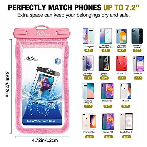 MoKo Waterproof Phone Pouch Holder Floating 2-Pack, IPX8 Glitter Waterproof Case Dry Bag Compatible for iPhone14 13 12 11 Pro Max X/Xr/Xs/8/7/6/SE 3, Galaxy S20/S21, Light Blue & Pink