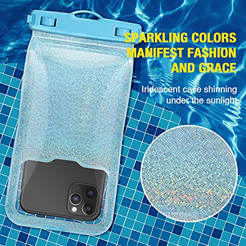 MoKo Waterproof Phone Pouch Holder Floating 2-Pack, IPX8 Glitter Waterproof Case Dry Bag Compatible for iPhone14 13 12 11 Pro Max X/Xr/Xs/8/7/6/SE 3, Galaxy S20/S21, Light Blue & Pink