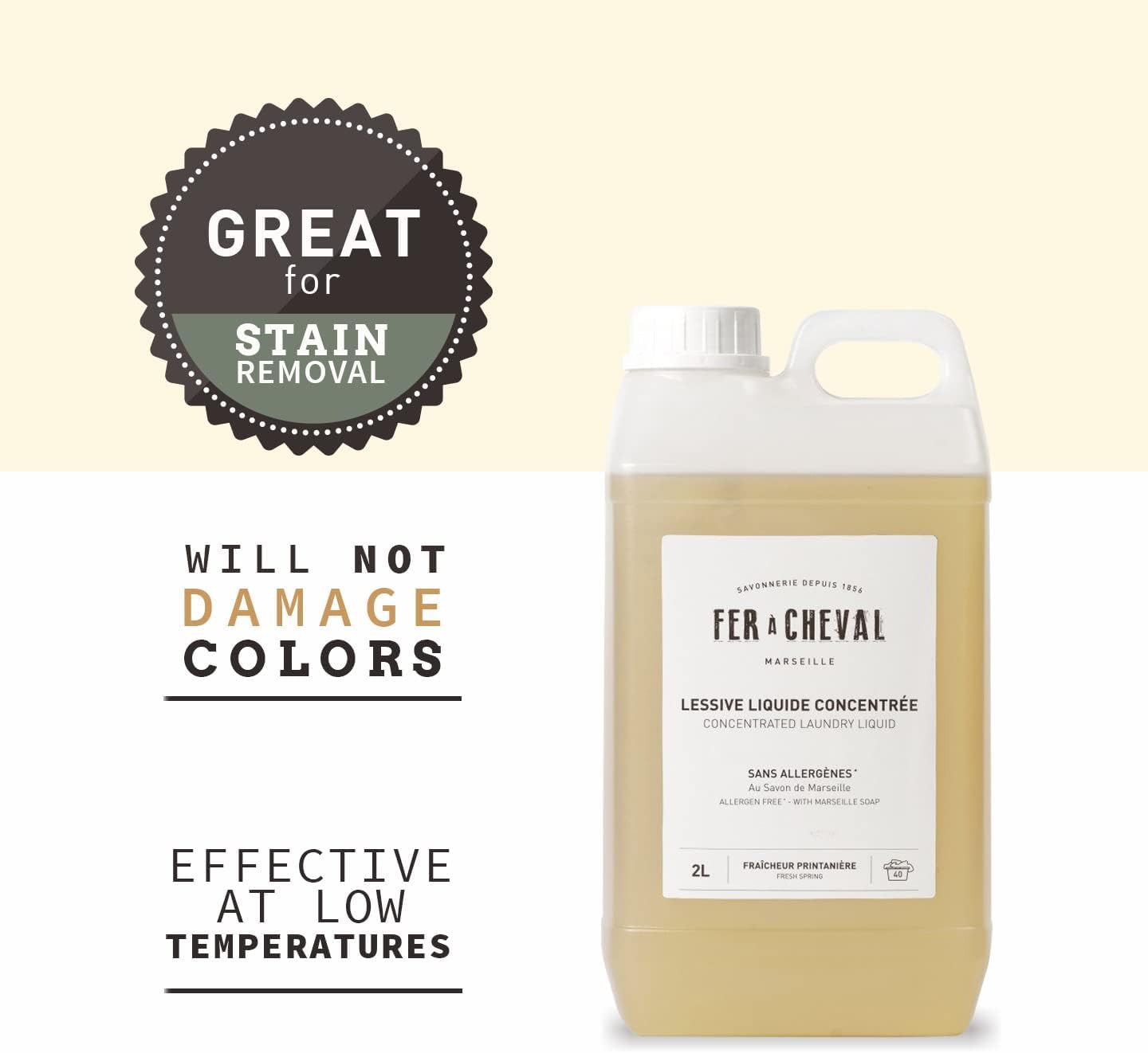 Fer à Cheval Concentrated Laundry Liquid, Allergen Free with Marseille Soap Laundry Detergent Liquid, Organic Washing Detergent Laundry Soap, Fresh Spring, 2L/67.6oz