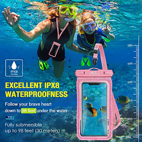 MoKo Waterproof Phone Pouch Holder Floating 2-Pack, IPX8 Glitter Waterproof Case Dry Bag Compatible for iPhone14 13 12 11 Pro Max X/Xr/Xs/8/7/6/SE 3, Galaxy S20/S21, Light Blue & Pink