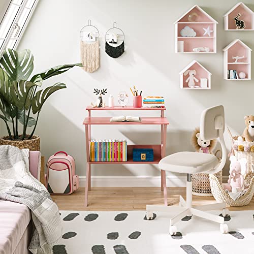 ODK Small Computer Desk, 27.5 inch Desk for Small Spaces with Storage, Compact Table with Monitor & Storage Shelves for Home Office, Modern Style Laptop Desk, Pink