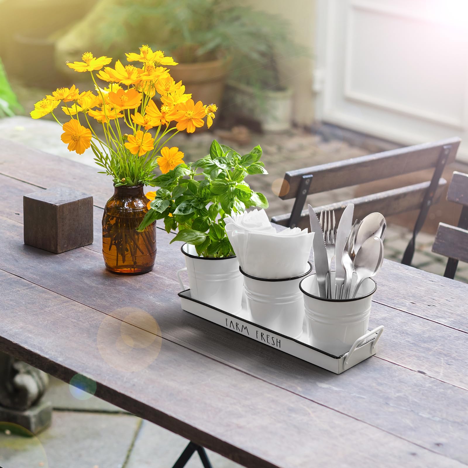 DAYYET Farmhouse Herb Garden Planter Indoor Window Planter Set with Tray, White Windowsill Herb Planter Pots with Drainage for Outdoor or Indoor Planters, Set of 3