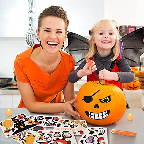 Pumpkin Carving Kit for Kids - 6 Halloween Pumpkin Carving Tools Set, 6 LED Candles, 4 Balloon Headbands, 6 LED Rings, 6 Pumpkin Stickers, 10 Pumpkin Carving Stencils for Halloween Decorations