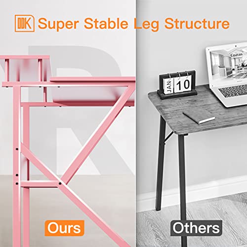 ODK Small Computer Desk, 27.5 inch Desk for Small Spaces with Storage, Compact Table with Monitor & Storage Shelves for Home Office, Modern Style Laptop Desk, Pink