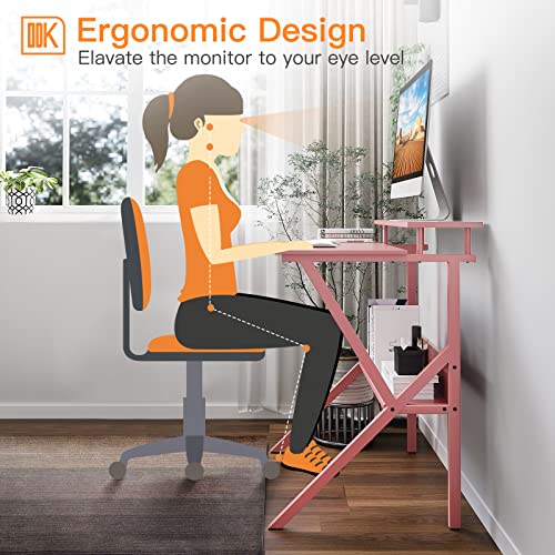 ODK Small Computer Desk, 27.5 inch Desk for Small Spaces with Storage, Compact Table with Monitor & Storage Shelves for Home Office, Modern Style Laptop Desk, Pink