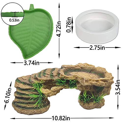 Hamiledyi Turtles Basking Platform 3Pcs Resin Bearded Dragons Climbing Step Ramp Tortoise Resting Dock Rock Hideout with Feeder Bowls for Reptile Lizards Chameleons Geckos Frogs Newts Snakes