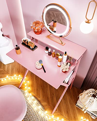 ODK Small Computer Desk, 27.5 inch Desk for Small Spaces with Storage, Compact Table with Monitor & Storage Shelves for Home Office, Modern Style Laptop Desk, Pink