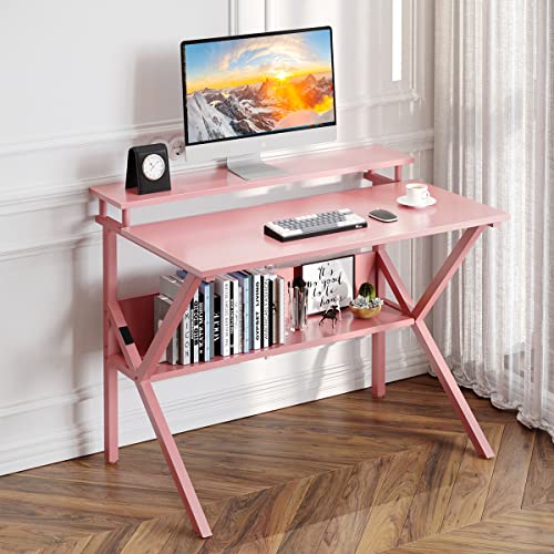 ODK Small Computer Desk, 27.5 inch Desk for Small Spaces with Storage, Compact Table with Monitor & Storage Shelves for Home Office, Modern Style Laptop Desk, Pink