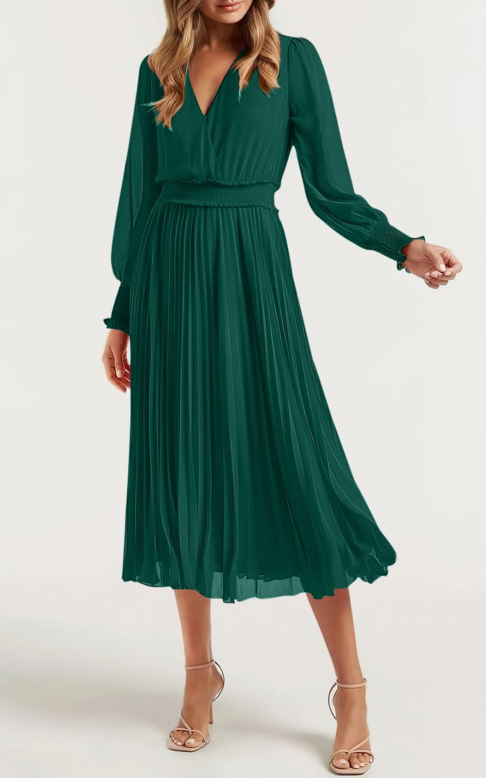 PRETTYGARDEN Women's Midi Long Puff Sleeve Spring Dresses 2024 Smocked Waist Wrap V Neck Flowy Ruffle Pleated Casual Dresses (Dark Green,Medium)