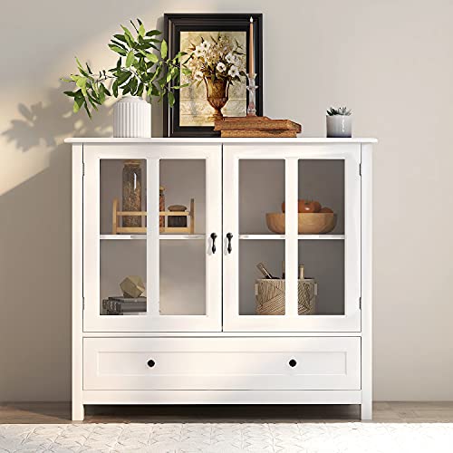 Knocbel Modern Storage Cabinet with Metal Handles, Double Glass Doors, Compartments and Drawer, Buffet Sideboard for Kitchen Dining Room Hallway Entryway, 41.4" L x 15.5" W x 35.4" H (White)