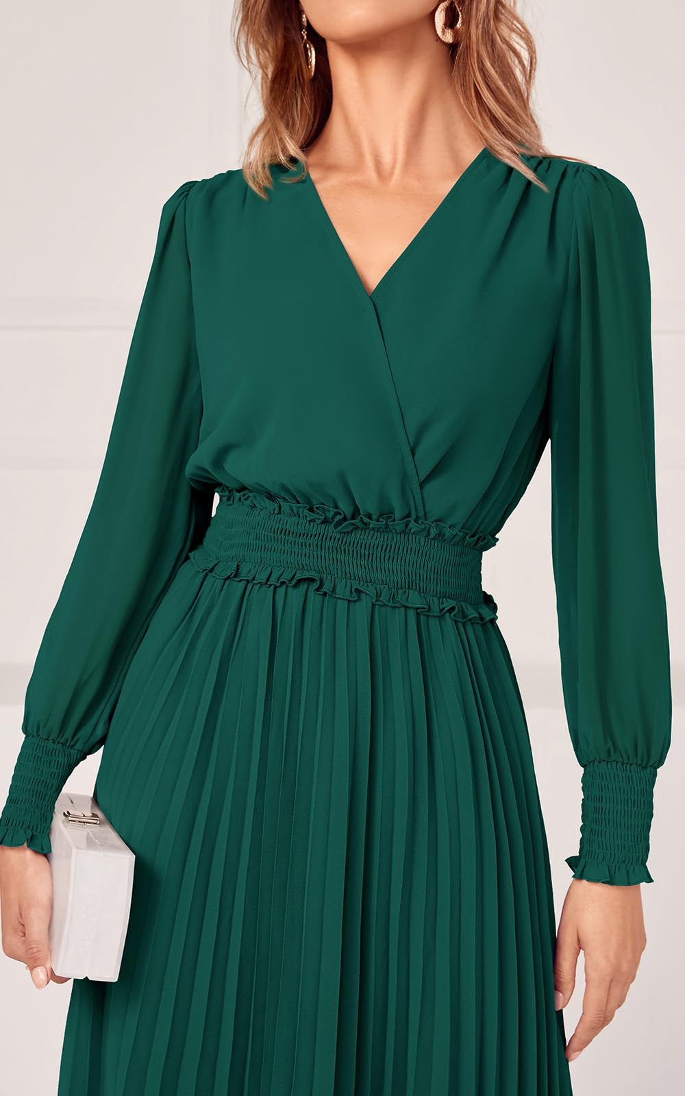 PRETTYGARDEN Women's Midi Long Puff Sleeve Spring Dresses 2024 Smocked Waist Wrap V Neck Flowy Ruffle Pleated Casual Dresses (Dark Green,Medium)