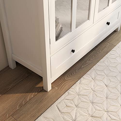 Knocbel Modern Storage Cabinet with Metal Handles, Double Glass Doors, Compartments and Drawer, Buffet Sideboard for Kitchen Dining Room Hallway Entryway, 41.4" L x 15.5" W x 35.4" H (White)