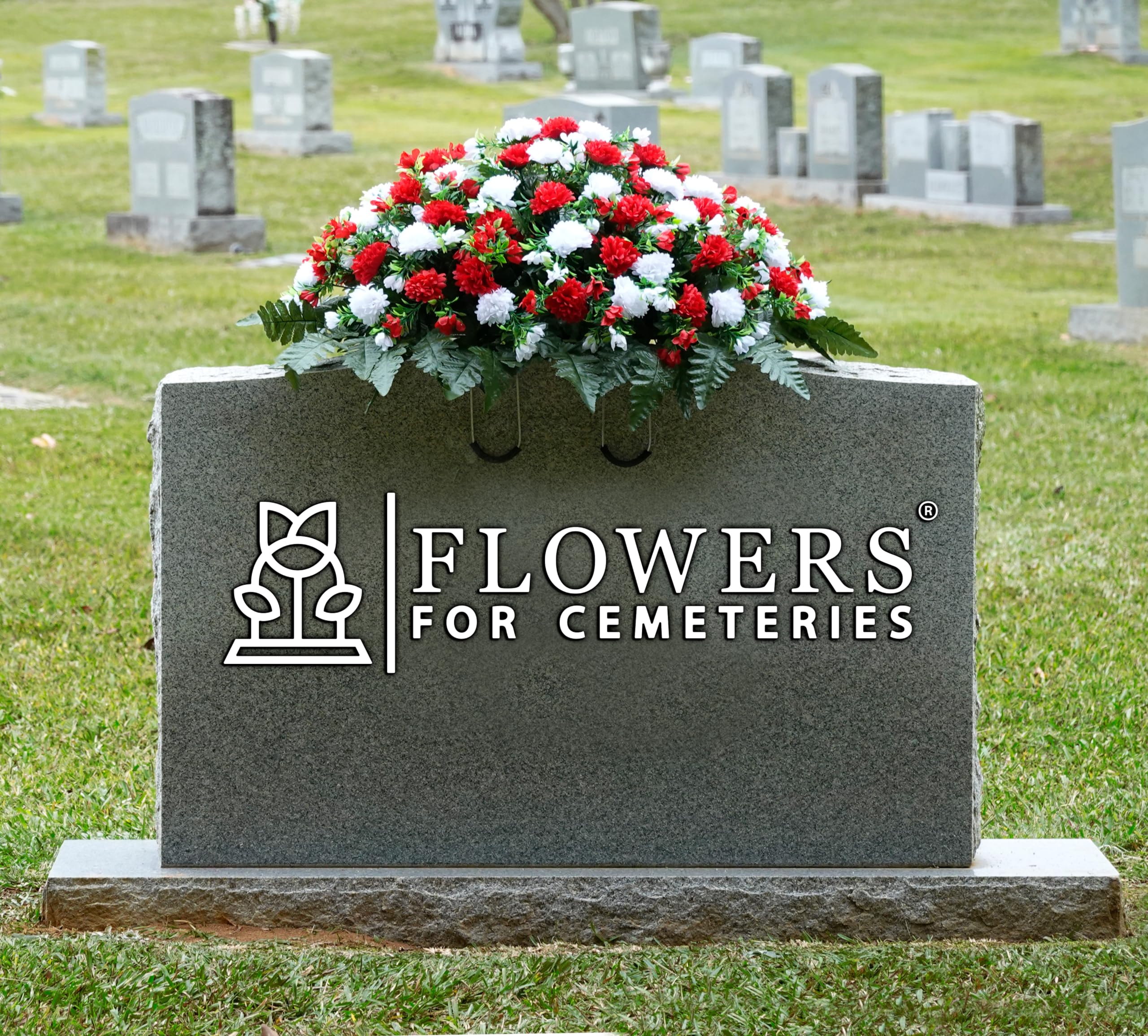 Sympathy Silks Artificial Cemetery Flowers - Grave Decorations Winter Memorial - Christmas Red and White Mums Saddle for Headstone