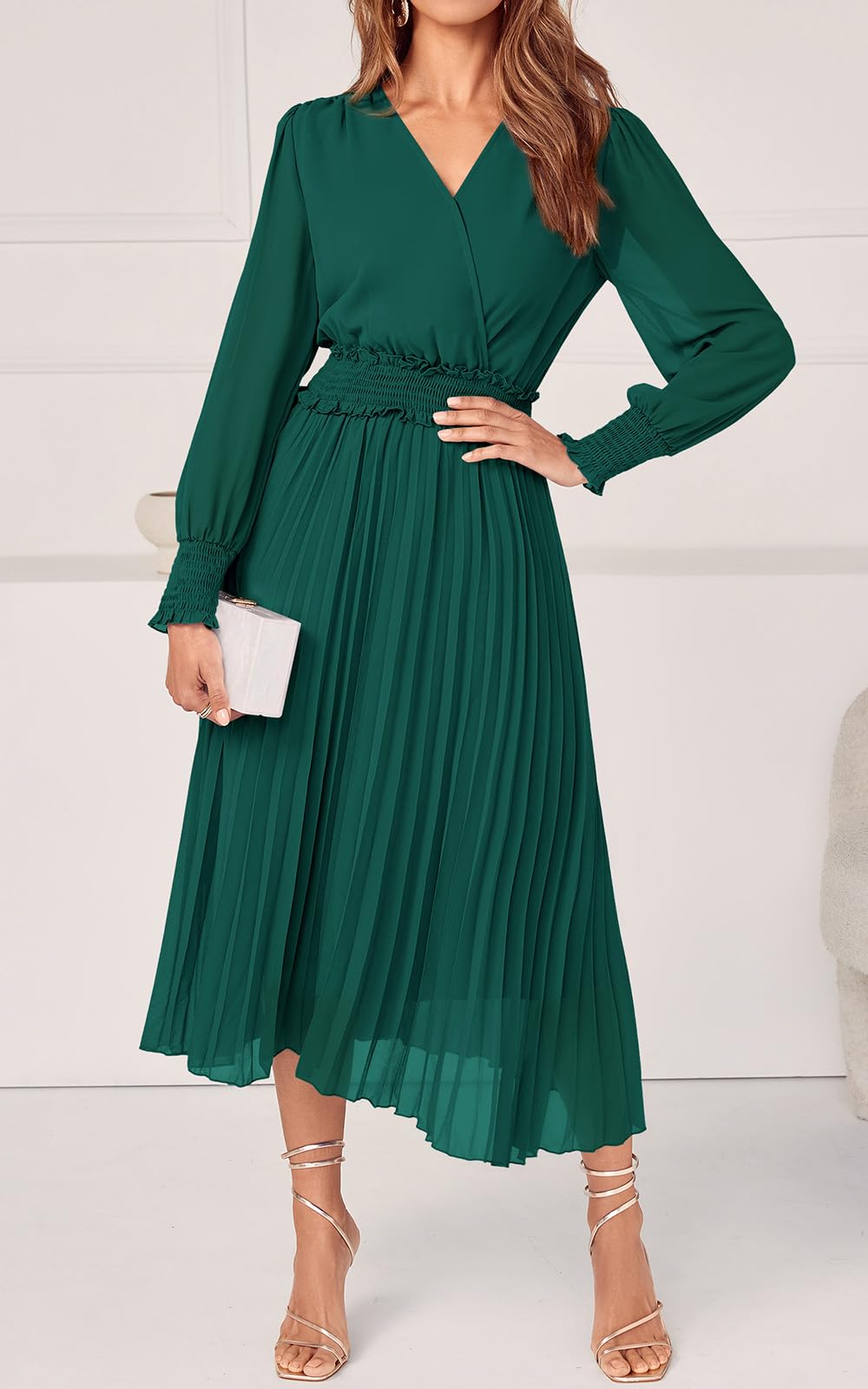 PRETTYGARDEN Women's Midi Long Puff Sleeve Spring Dresses 2024 Smocked Waist Wrap V Neck Flowy Ruffle Pleated Casual Dresses (Dark Green,Medium)