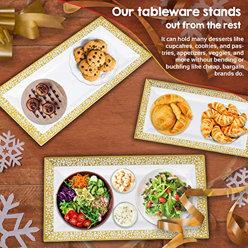 Yumchikel-Elegant Plastic Serving Tray & Platter Set (2pk) - White & Gold Rim Disposable Serving Trays & Platters for Food - Weddings, Upscale Parties, Dessert Table, Cupcake display - 7.5 x 14 inches