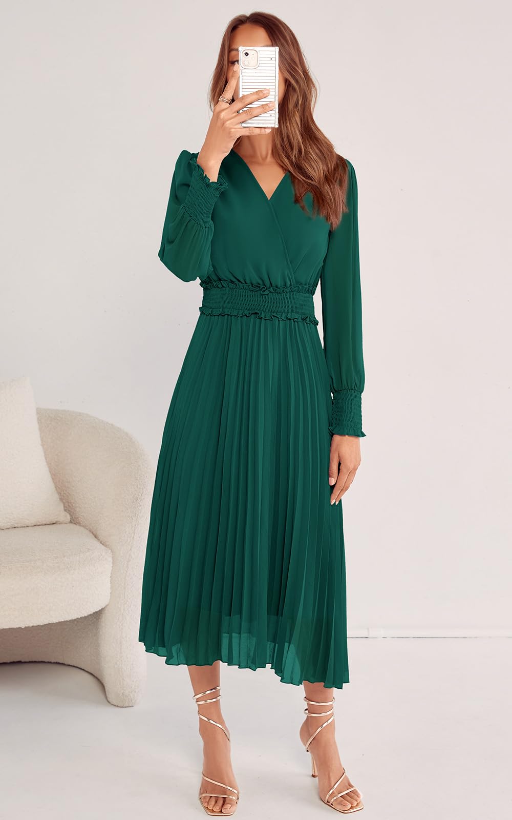 PRETTYGARDEN Women's Midi Long Puff Sleeve Spring Dresses 2024 Smocked Waist Wrap V Neck Flowy Ruffle Pleated Casual Dresses (Dark Green,Medium)