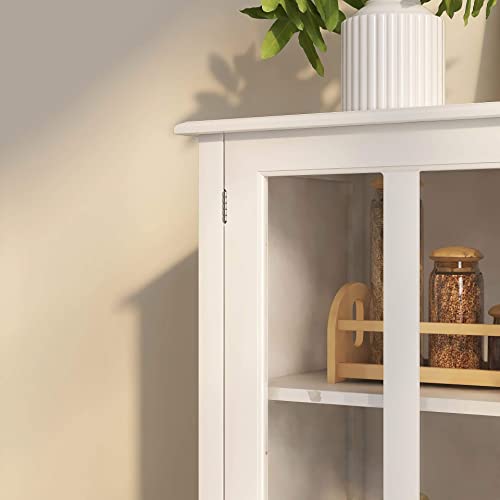 Knocbel Modern Storage Cabinet with Metal Handles, Double Glass Doors, Compartments and Drawer, Buffet Sideboard for Kitchen Dining Room Hallway Entryway, 41.4" L x 15.5" W x 35.4" H (White)
