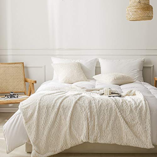 Simple&Opulence Super Soft Throw Blanket - 50 x 60 inch -Reversible Double Layers Microfiber Plush Fluffy Cozy Chic Shaggy Shabby Cuddly for Home Décor Couch Ottomans (Cream)