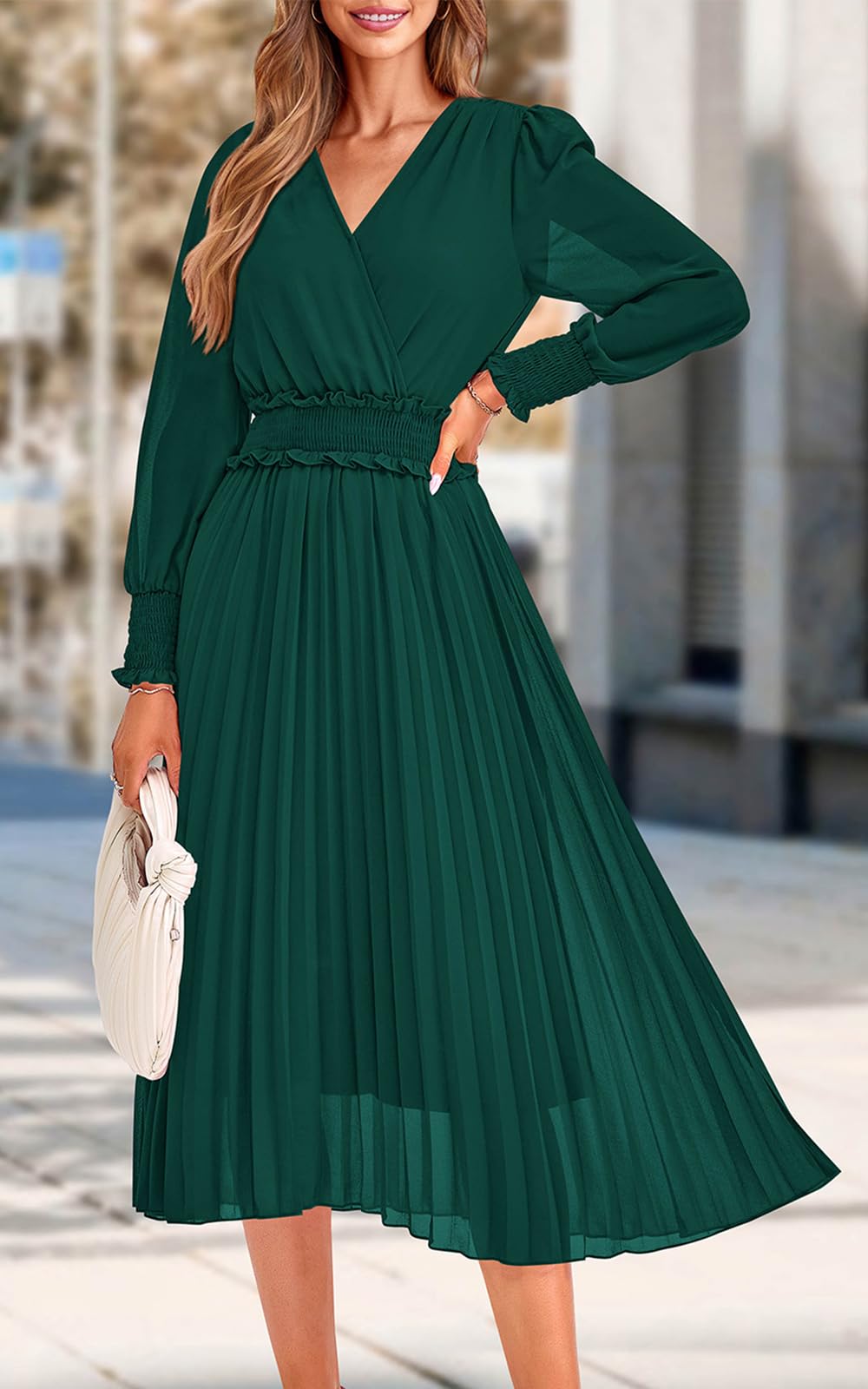 PRETTYGARDEN Women's Midi Long Puff Sleeve Spring Dresses 2024 Smocked Waist Wrap V Neck Flowy Ruffle Pleated Casual Dresses (Dark Green,Medium)