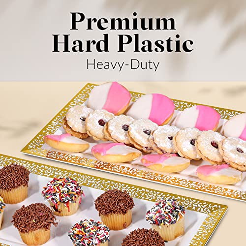 Yumchikel-Elegant Plastic Serving Tray & Platter Set (2pk) - White & Gold Rim Disposable Serving Trays & Platters for Food - Weddings, Upscale Parties, Dessert Table, Cupcake display - 7.5 x 14 inches