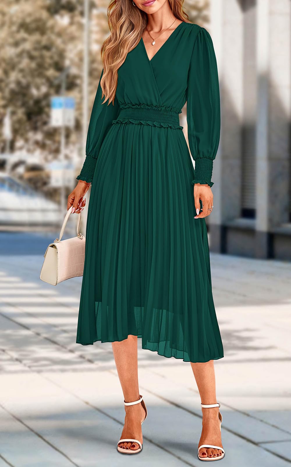 PRETTYGARDEN Women's Midi Long Puff Sleeve Spring Dresses 2024 Smocked Waist Wrap V Neck Flowy Ruffle Pleated Casual Dresses (Dark Green,Medium)