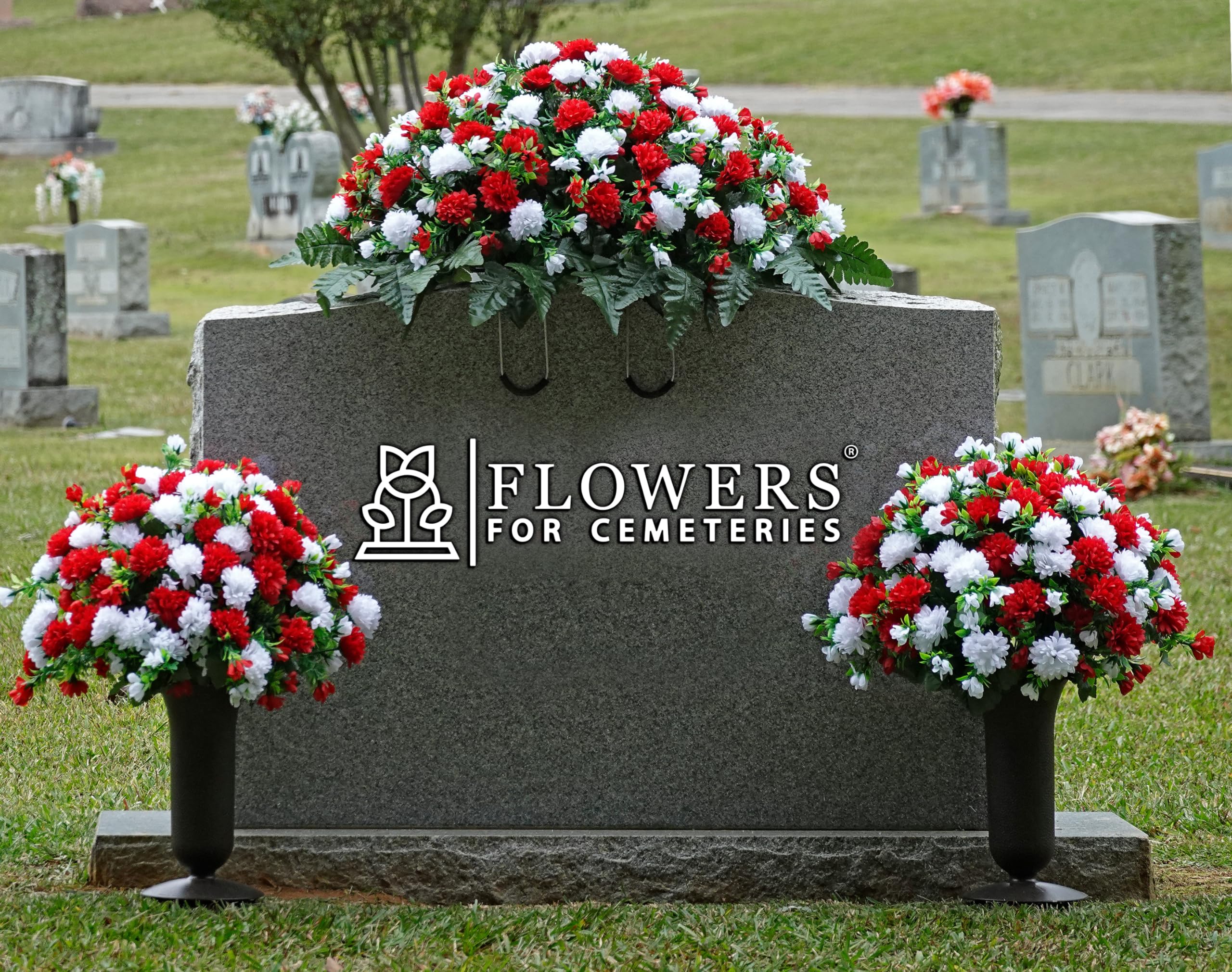Sympathy Silks Artificial Cemetery Flowers - Grave Decorations Winter Memorial - Christmas Red and White Mums Saddle for Headstone