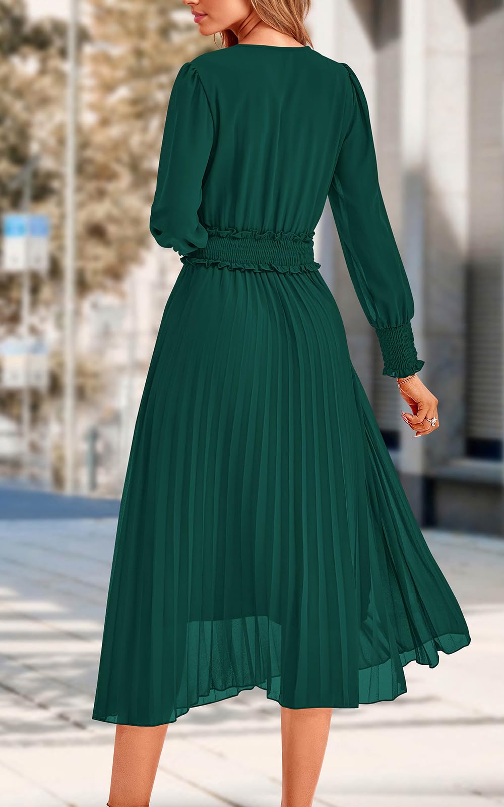PRETTYGARDEN Women's Midi Long Puff Sleeve Spring Dresses 2024 Smocked Waist Wrap V Neck Flowy Ruffle Pleated Casual Dresses (Dark Green,Medium)
