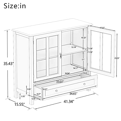 Knocbel Modern Storage Cabinet with Metal Handles, Double Glass Doors, Compartments and Drawer, Buffet Sideboard for Kitchen Dining Room Hallway Entryway, 41.4" L x 15.5" W x 35.4" H (White)