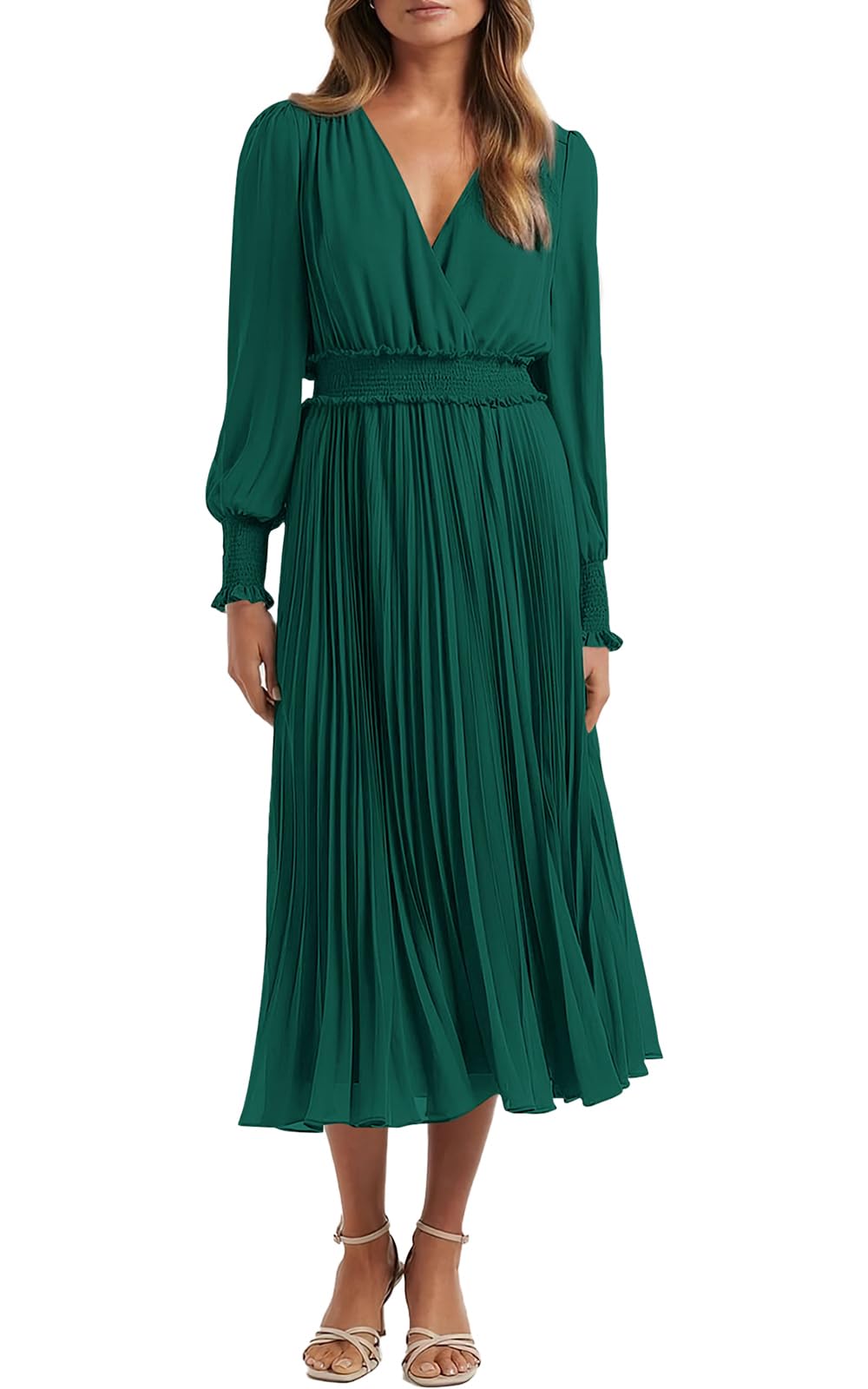 PRETTYGARDEN Women's Midi Long Puff Sleeve Spring Dresses 2024 Smocked Waist Wrap V Neck Flowy Ruffle Pleated Casual Dresses (Dark Green,Medium)