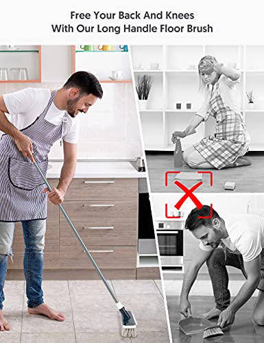 MEXERRIS Floor Scrub Brush with Long Handle - Stiff Carpet Deck Brush 2 in 1 Floor Scrubber Cleaning Grout Brush for Tile, Bathroom, Shower, Sink, Bathtub, and Kitchen Surface - Gray