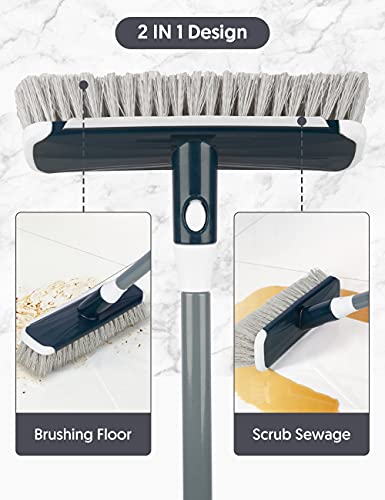 MEXERRIS Floor Scrub Brush with Long Handle - Stiff Carpet Deck Brush 2 in 1 Floor Scrubber Cleaning Grout Brush for Tile, Bathroom, Shower, Sink, Bathtub, and Kitchen Surface - Gray