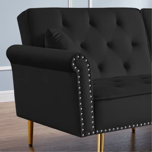 SZLIZCCC 76.7" Velvet Futon Sofa Bed, Copper Nail Decoration Accent Sofa, Convertible futon Couch, backrest can be Adjusted at Three Angles, Sleeper Sofa, Bed Size-Twin.(Black)