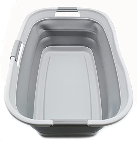 SAMMART 44L Collapsible Plastic Laundry Basket - Foldable Pop Up Storage Container / Organizer - Portable Washing Tub - Space Saving Hamper / Basket, Water Capacity: 35L (1, Grey), Size: 25.4 x 17.3 x 10.2 inches