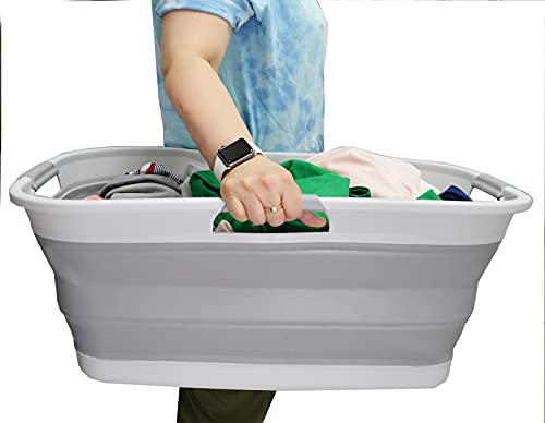 SAMMART 44L Collapsible Plastic Laundry Basket - Foldable Pop Up Storage Container / Organizer - Portable Washing Tub - Space Saving Hamper / Basket, Water Capacity: 35L (1, Grey), Size: 25.4 x 17.3 x 10.2 inches