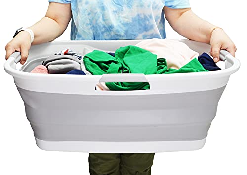 SAMMART 44L Collapsible Plastic Laundry Basket - Foldable Pop Up Storage Container / Organizer - Portable Washing Tub - Space Saving Hamper / Basket, Water Capacity: 35L (1, Grey), Size: 25.4 x 17.3 x 10.2 inches