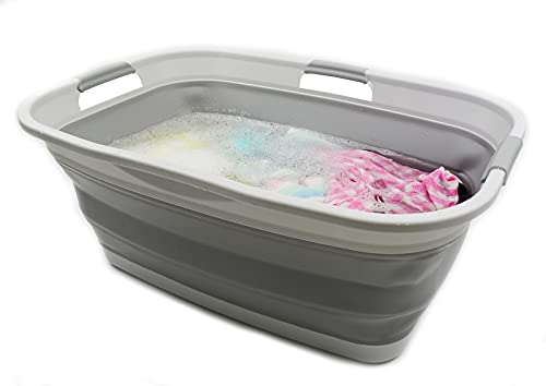 SAMMART 44L Collapsible Plastic Laundry Basket - Foldable Pop Up Storage Container / Organizer - Portable Washing Tub - Space Saving Hamper / Basket, Water Capacity: 35L (1, Grey), Size: 25.4 x 17.3 x 10.2 inches