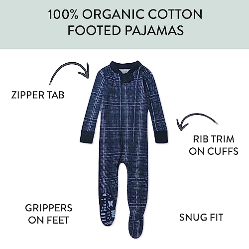 HonestBaby Non-Slip Footed Pajamas One-Piece Sleeper Jumpsuit Zip-Front PJs 100% Organic Cotton for Baby Boys, Blue Plaid, 12 Months
