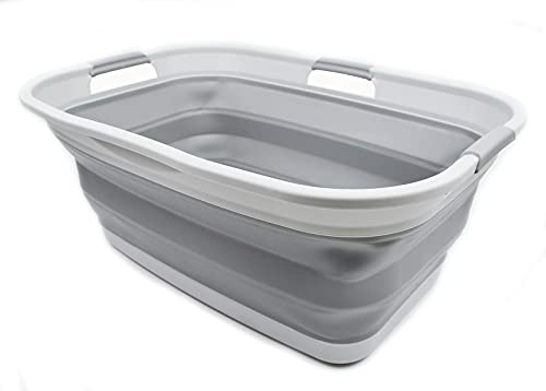 SAMMART 44L Collapsible Plastic Laundry Basket - Foldable Pop Up Storage Container / Organizer - Portable Washing Tub - Space Saving Hamper / Basket, Water Capacity: 35L (1, Grey), Size: 25.4 x 17.3 x 10.2 inches