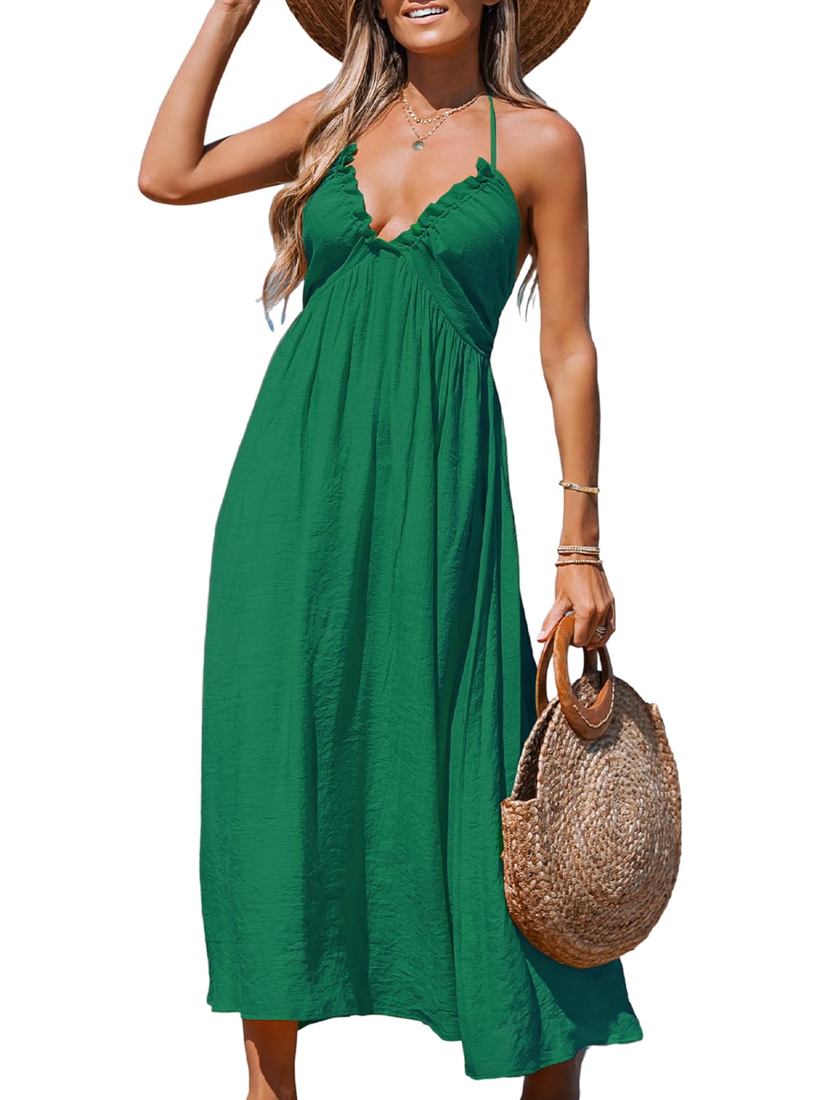 CUPSHE Women's Backless Beach Dress Halter Neck Ruffle Plunge V Neck Sleeveless Maxi Sundress Summer Dresses, Green M